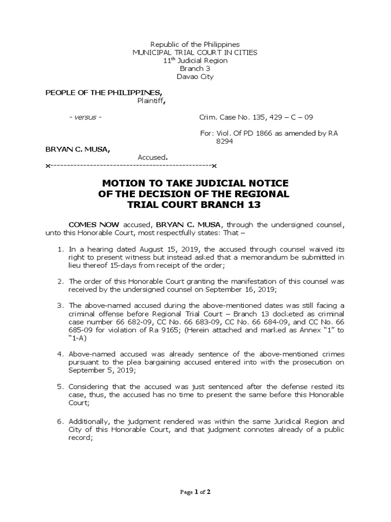 Motion for Judicial Notice in Criminal Case | PDF | Judge | Judgment (Law)