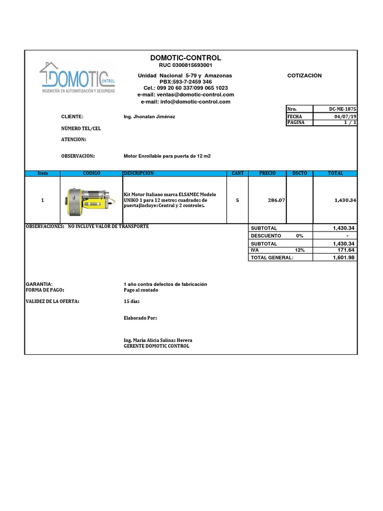 Cotizacion Motor Enrollable Marca ALSAMEC Modelo UNIKO 1 | PDF