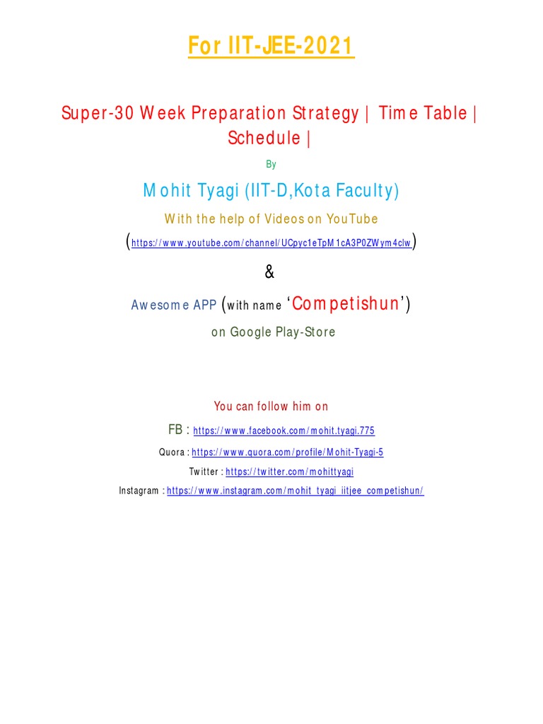 For IIT-JEE-2021: Super-30 Week Preparation Strategy - Time Table ...