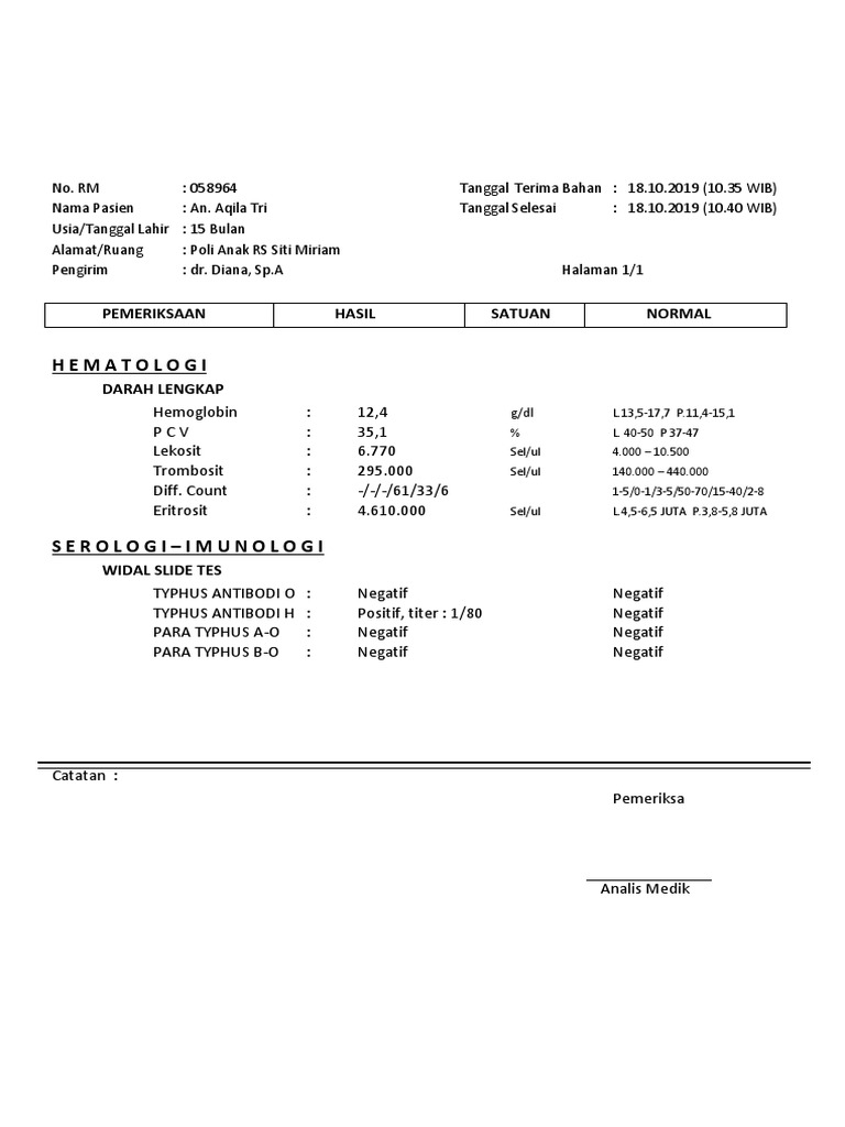 Hematologi: Pemeriksaan Hasil Satuan Normal | PDF
