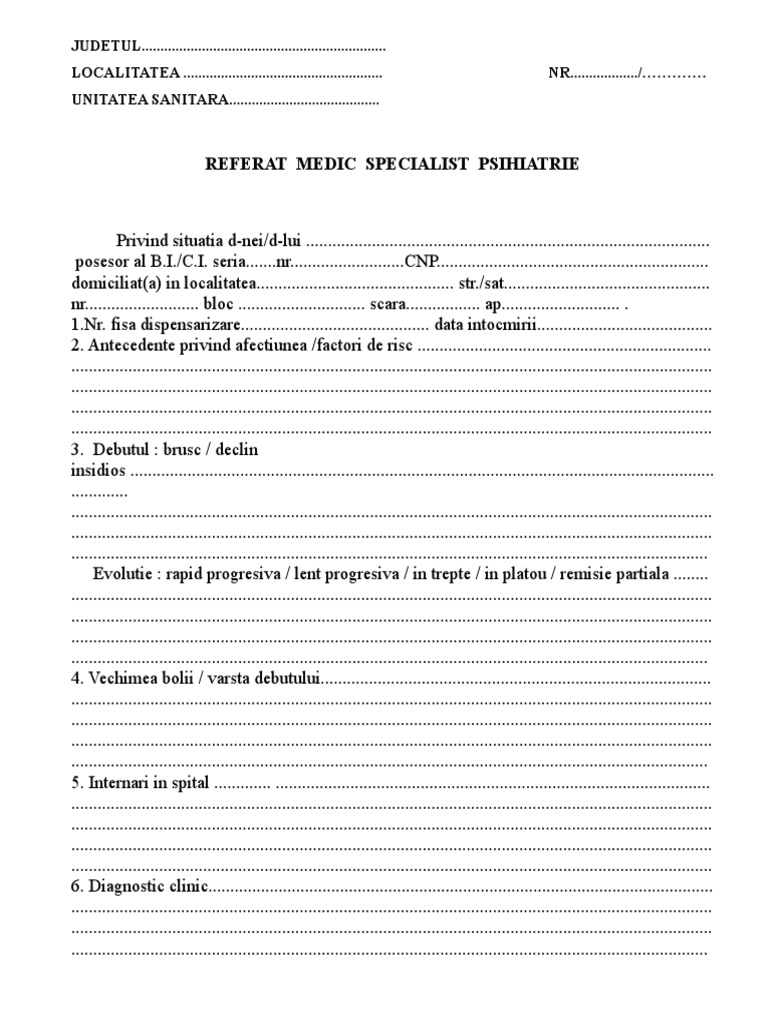 Referat Medic Specialist Psihiatrie Dna. DR - Zamsa LAVINIA | PDF