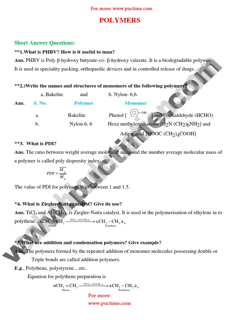 Polymers: Short Answer Questions | PDF | Copolymer | Polymerization