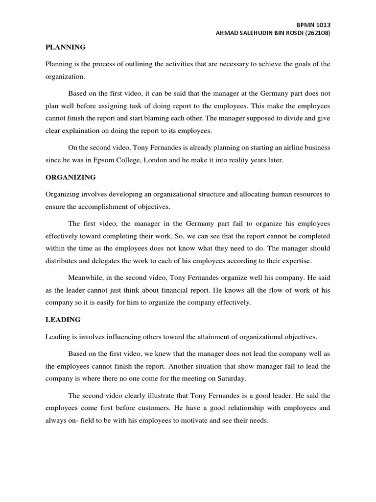 Planning: BPMN 1013 Ahmad Salehudin Bin Rosdi (262108) | PDF | Goal | Organizational Behavior