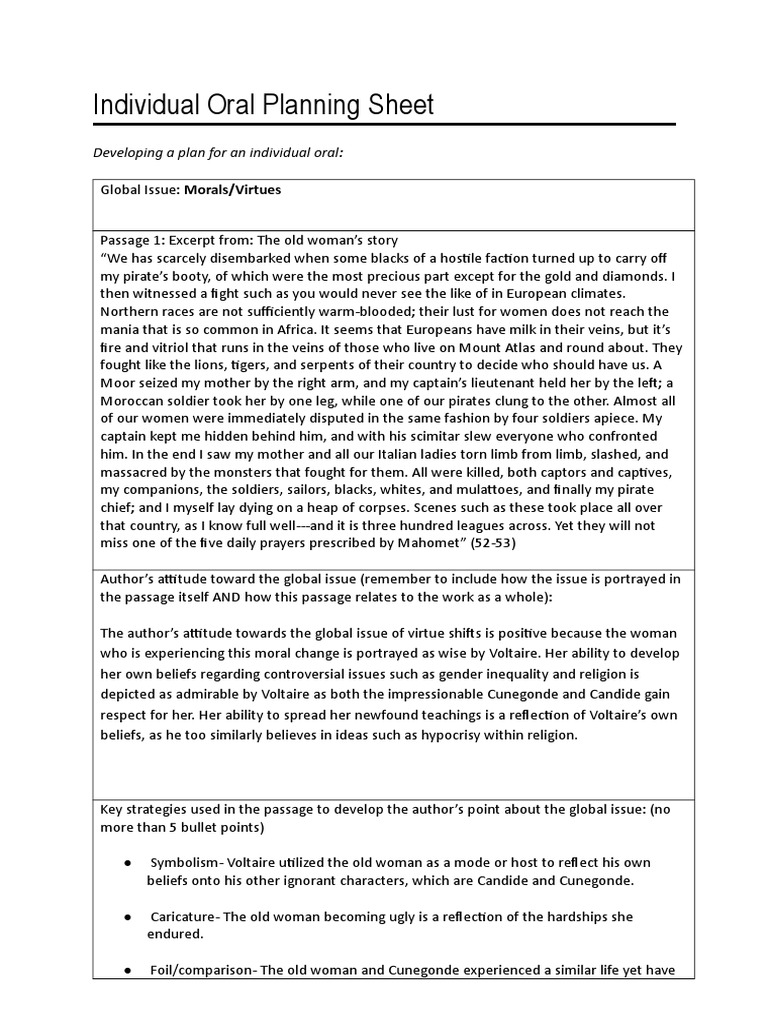 Planning For Individual Oral 1 | PDF | Candide | Religion And Belief