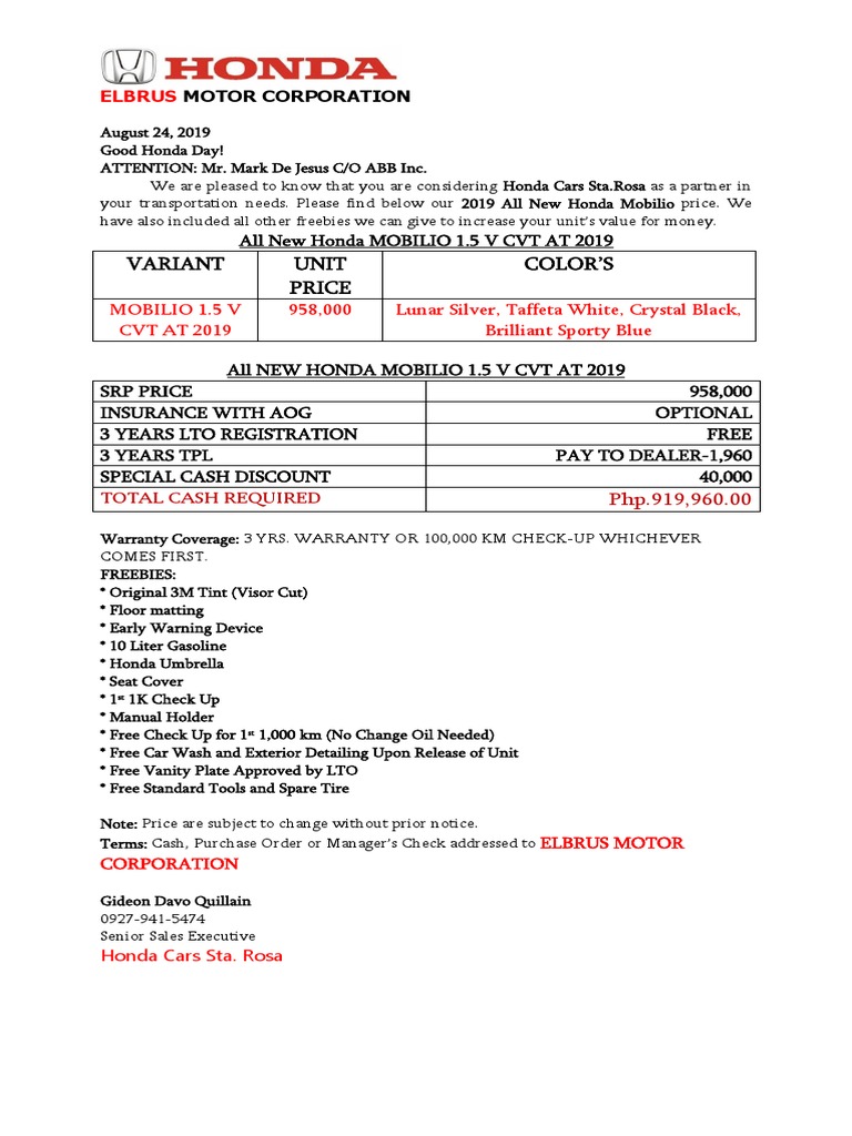 All New Honda Mobilio 1.5 V CVT 2019 Formal Quotation | PDF