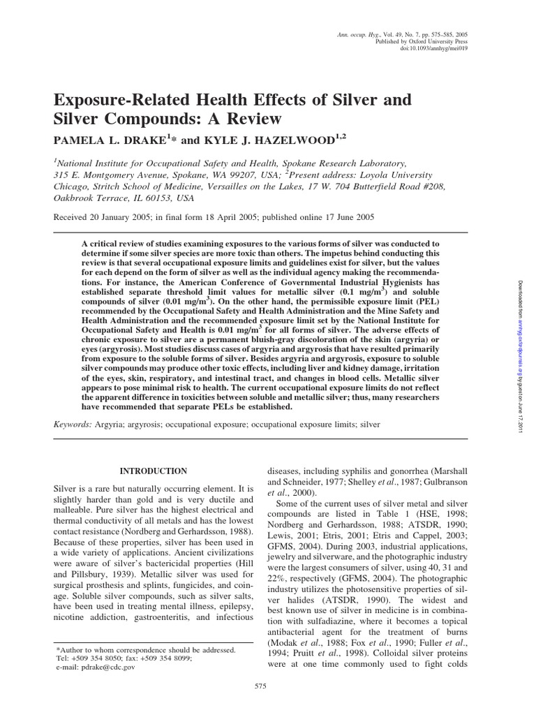 Exposure-Related Health Effects of Silver and Silver Compounds: A ...