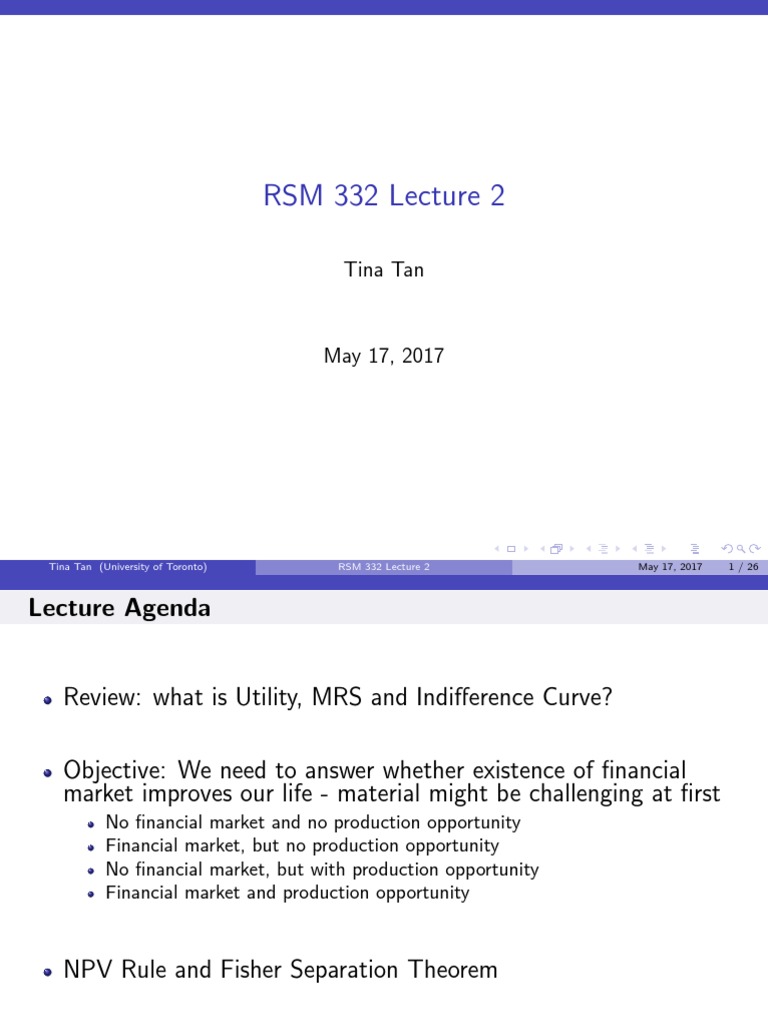 RSM 332 Lecture 2: Tina Tan | PDF | Utility | Financial Markets