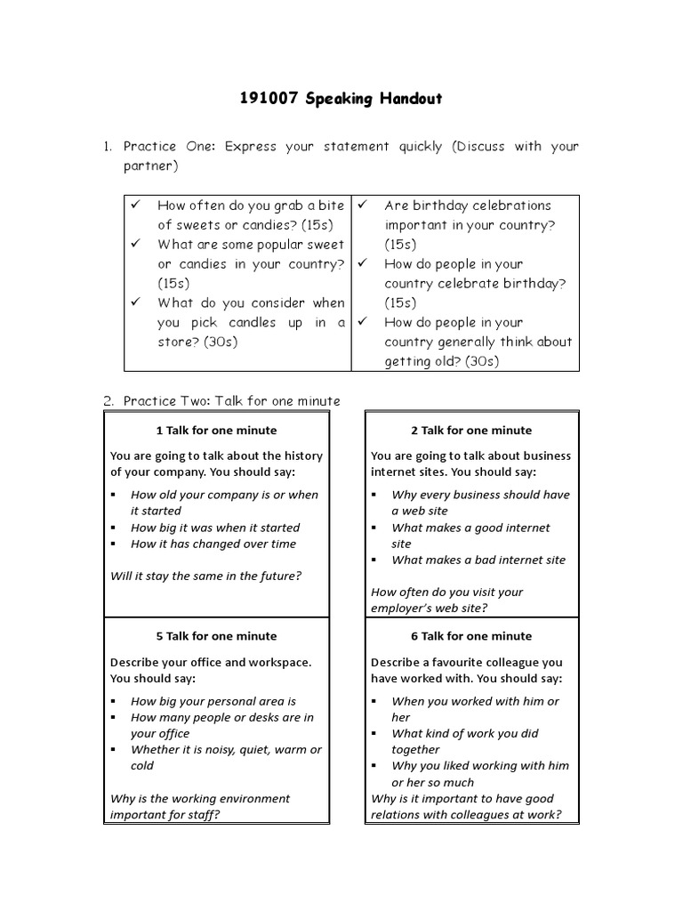 Speaking Handout: 1 Talk For One Minute 2 Talk For One Minute | PDF ...