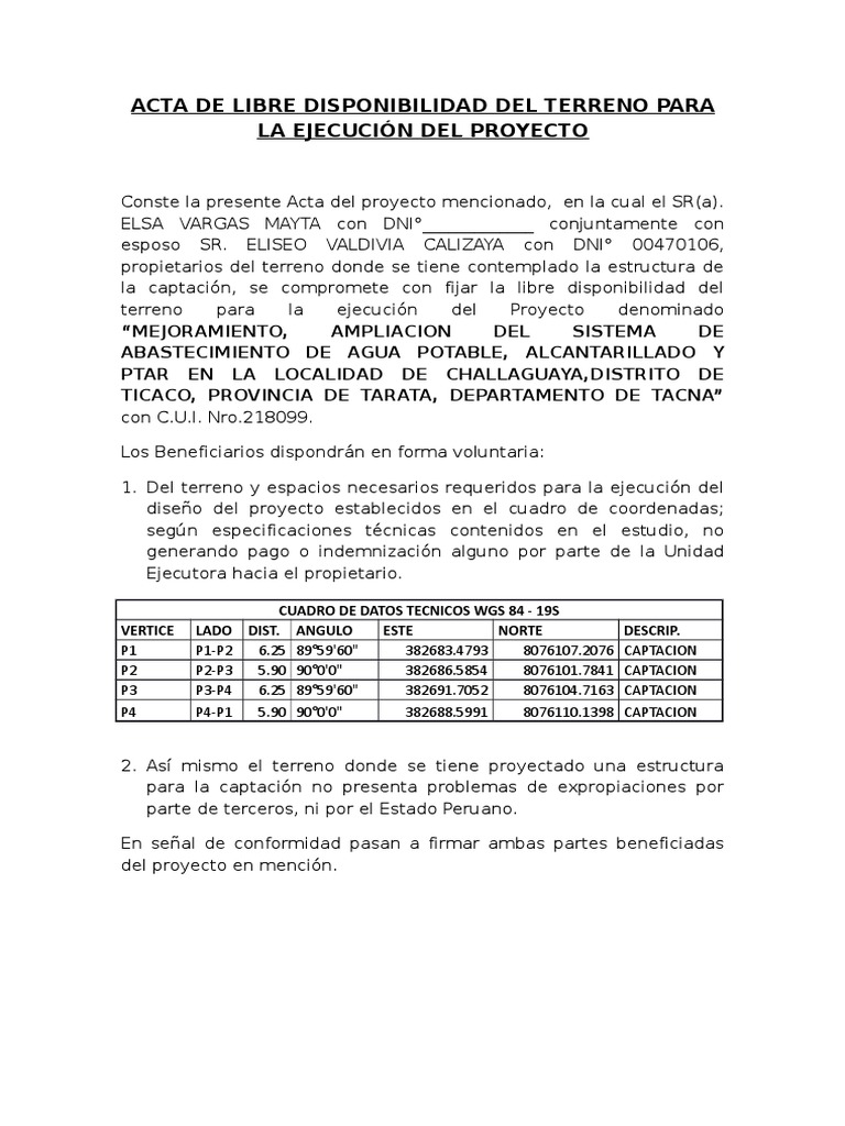 Captacion Acta de Libre Disponibilidad Del Terreno | PDF