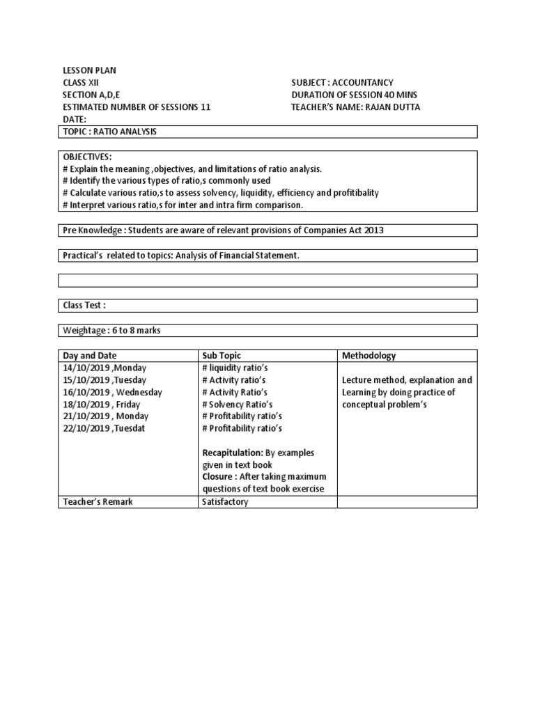 Class 12 Ratio Analysis Lesson Plan | PDF | Career & Growth | Art
