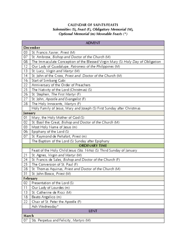 Calendar of Saints/Feasts: Solemnities (S), Feast (F), Obligatory ...