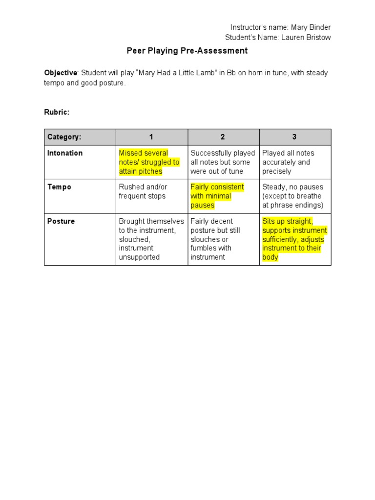 Horn Pre-Assessment: "Mary Had a Little Lamb" | PDF