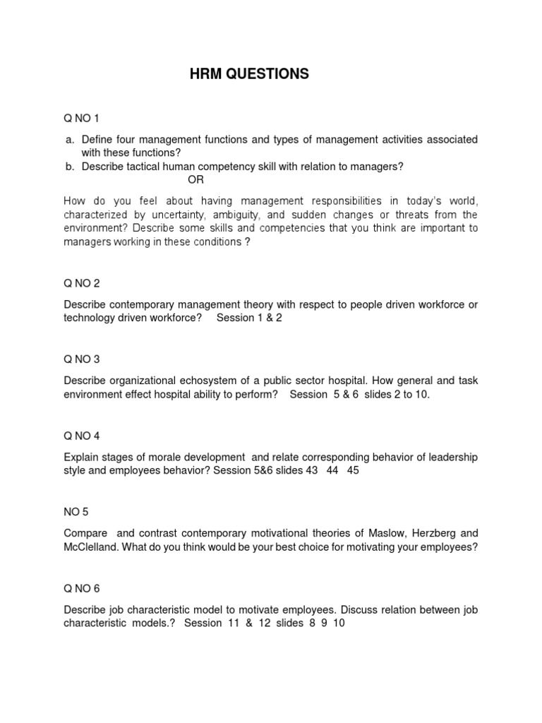 HRM questions on management functions, skills, theories | PDF