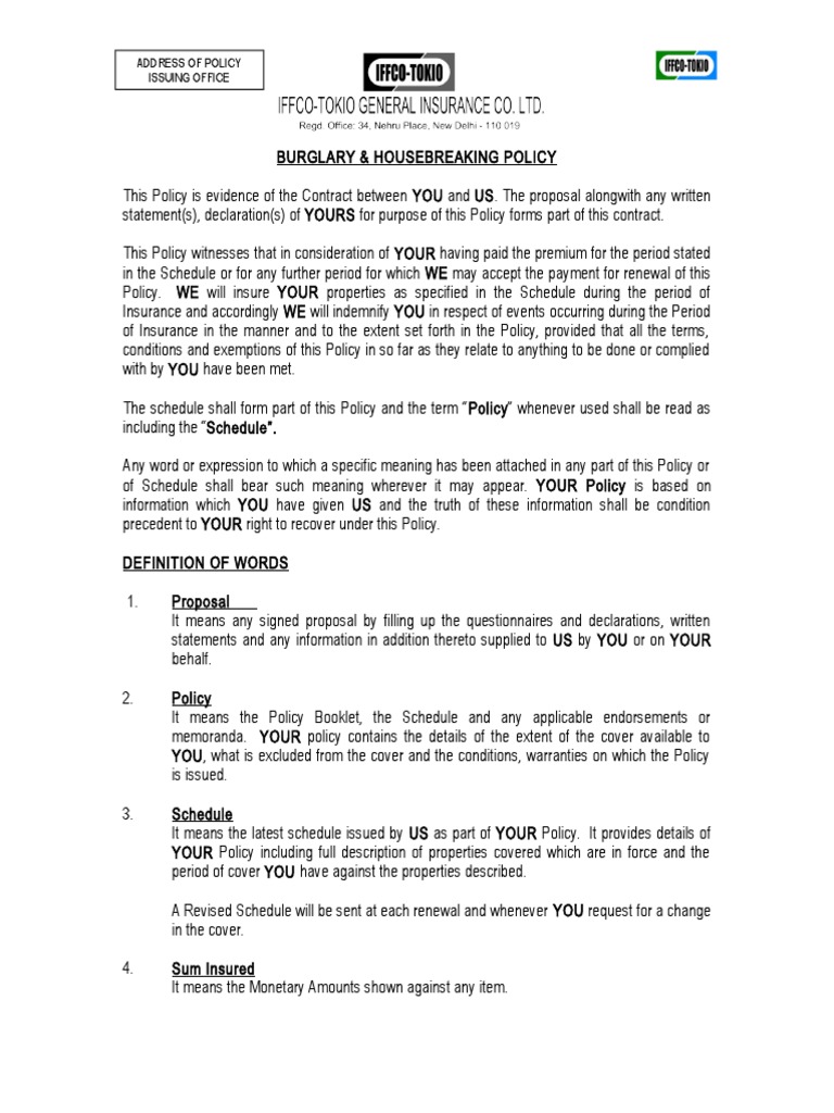 Burglary & Housebreaking Insurance Policy | PDF | Subrogation ...