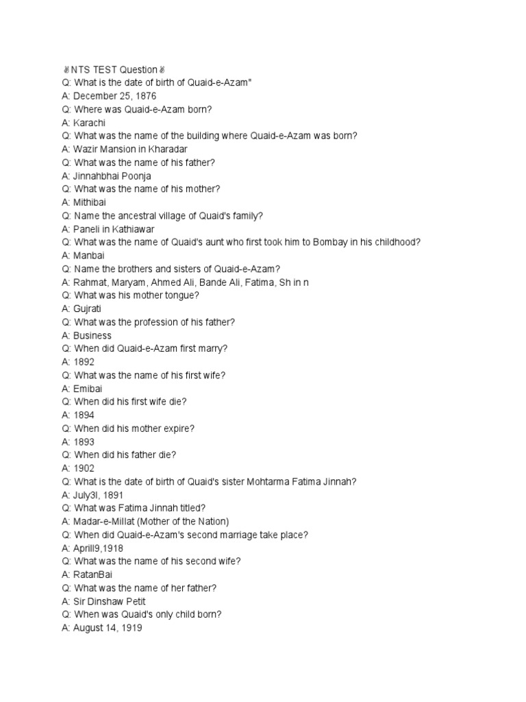 NTS TEST Question | PDF | Muhammad Ali Jinnah | All India Muslim League