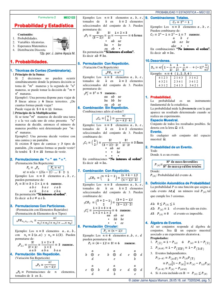 2 Formulario Probabilidad, Conteo, V.A. y D. Discretas | PDF | Variable ...
