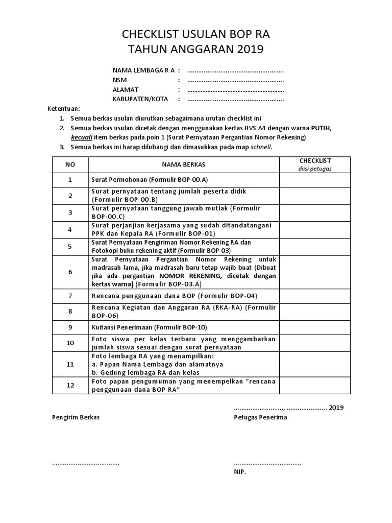 Checklist Usulan Bop Ra 2019 | PDF