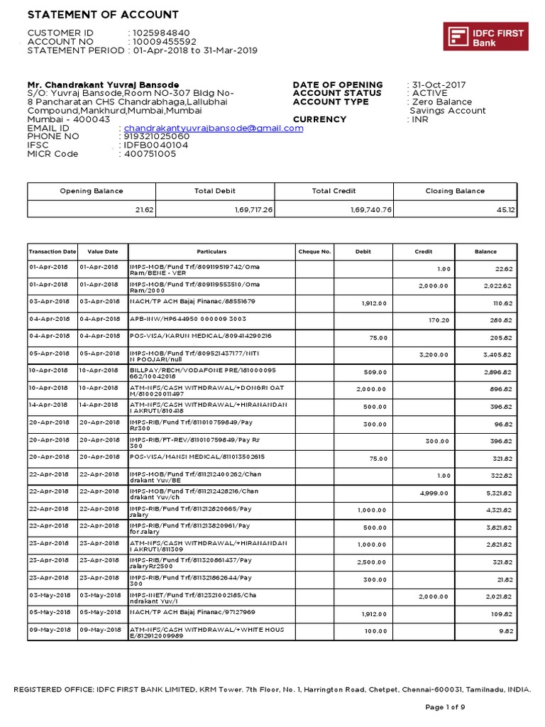 IDFC FIRST Bank Statement As of 31 MAR 2019 PDF | PDF | Debits And ...