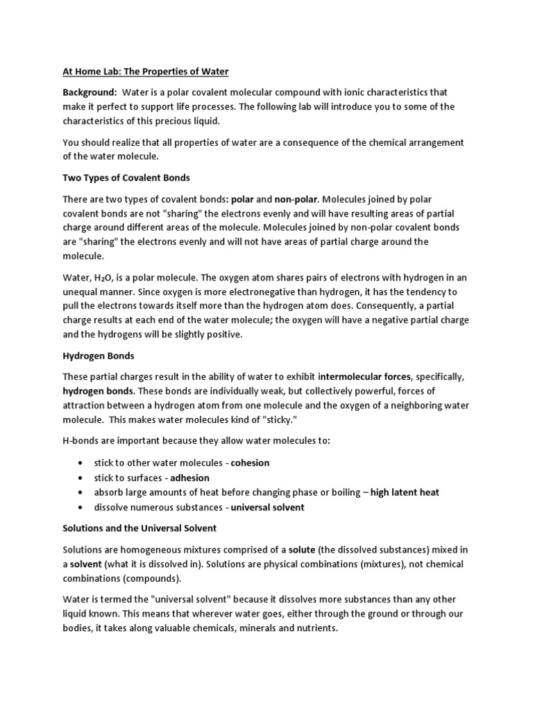 Properties of Water Lab Experiment | PDF | Chemical Polarity | Solution