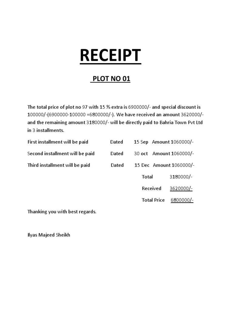 Receipt and Payment Details for Plot No. 01 Installment Payments | PDF ...
