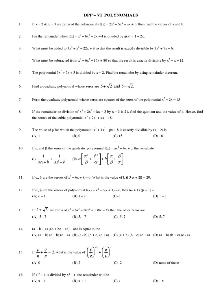 DPP - Vi Polynomials: A B A B A B | PDF | Polynomial | Zero Of A Function