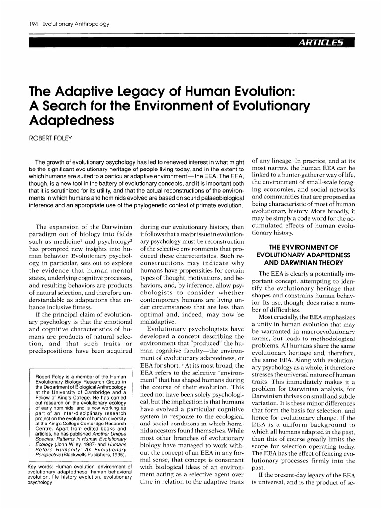 The Adaptive Legacy of Human Evolution: A Search For The Environment of ...