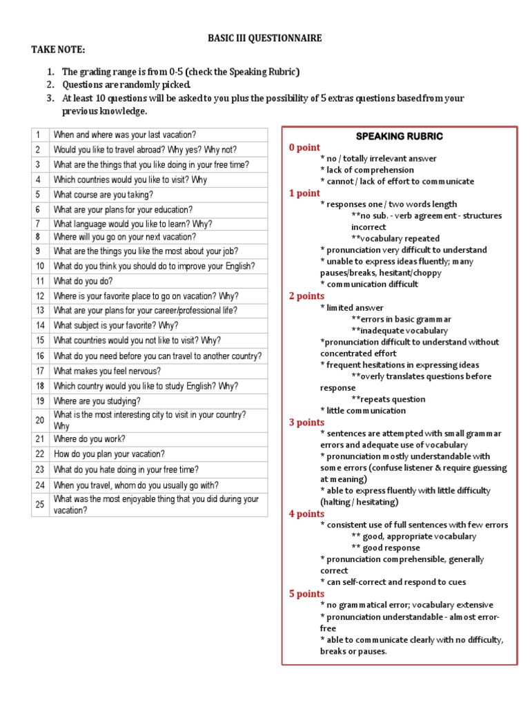 Basic III Questionnaire - Students Kivito | PDF | Vocabulary | English ...