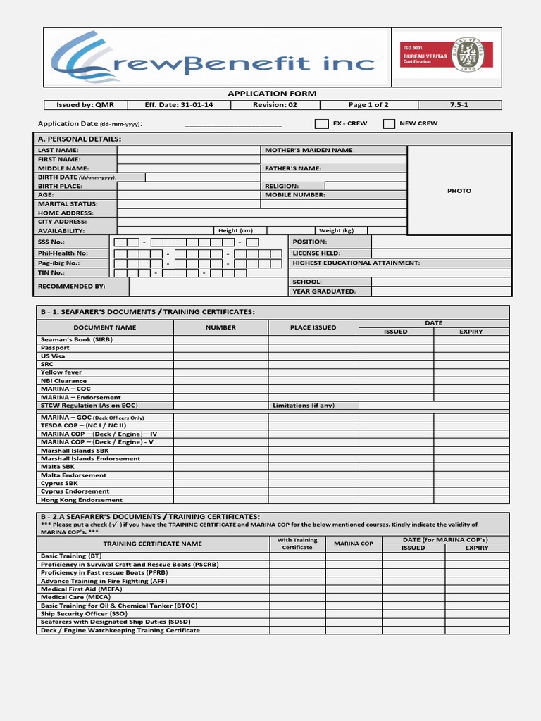 Application Form for Seafarer Employment | PDF | Ships | Shipping