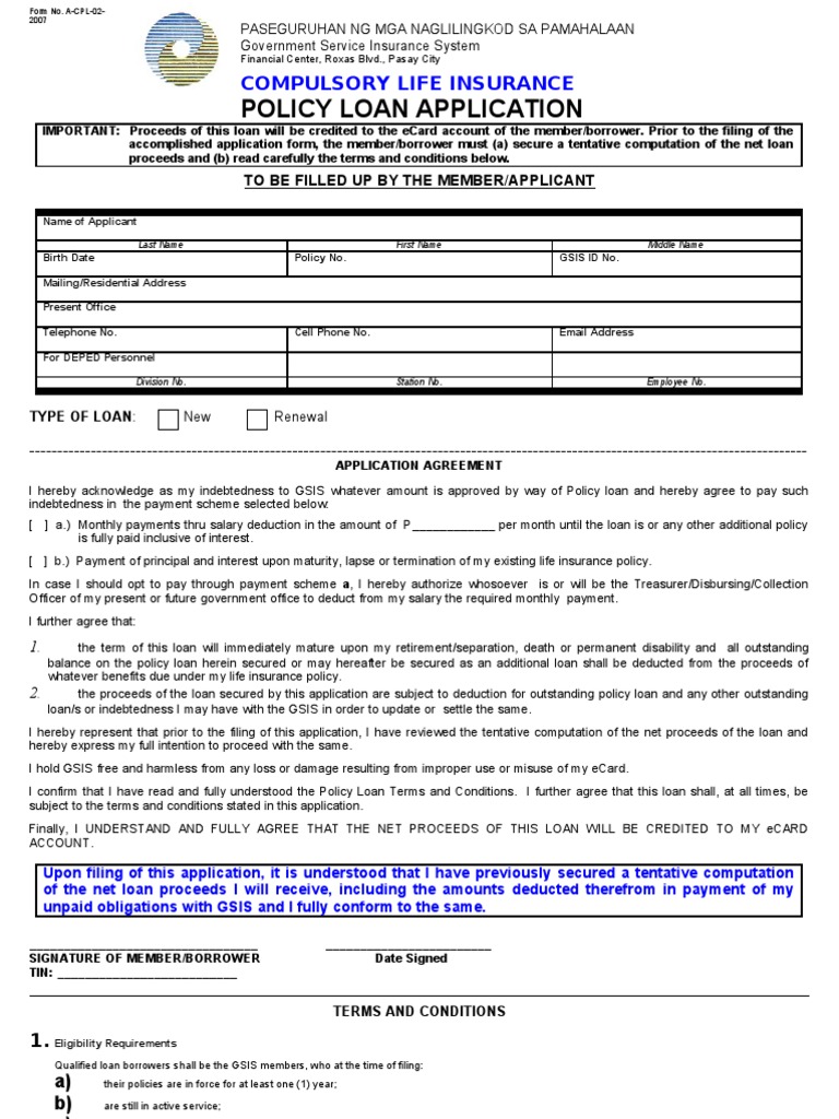 Regular Policy Loan Application Form 3