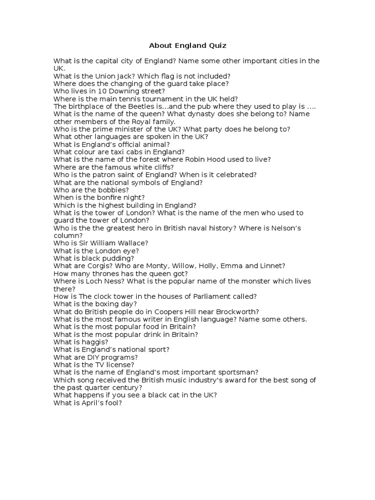Quiz About England | PDF