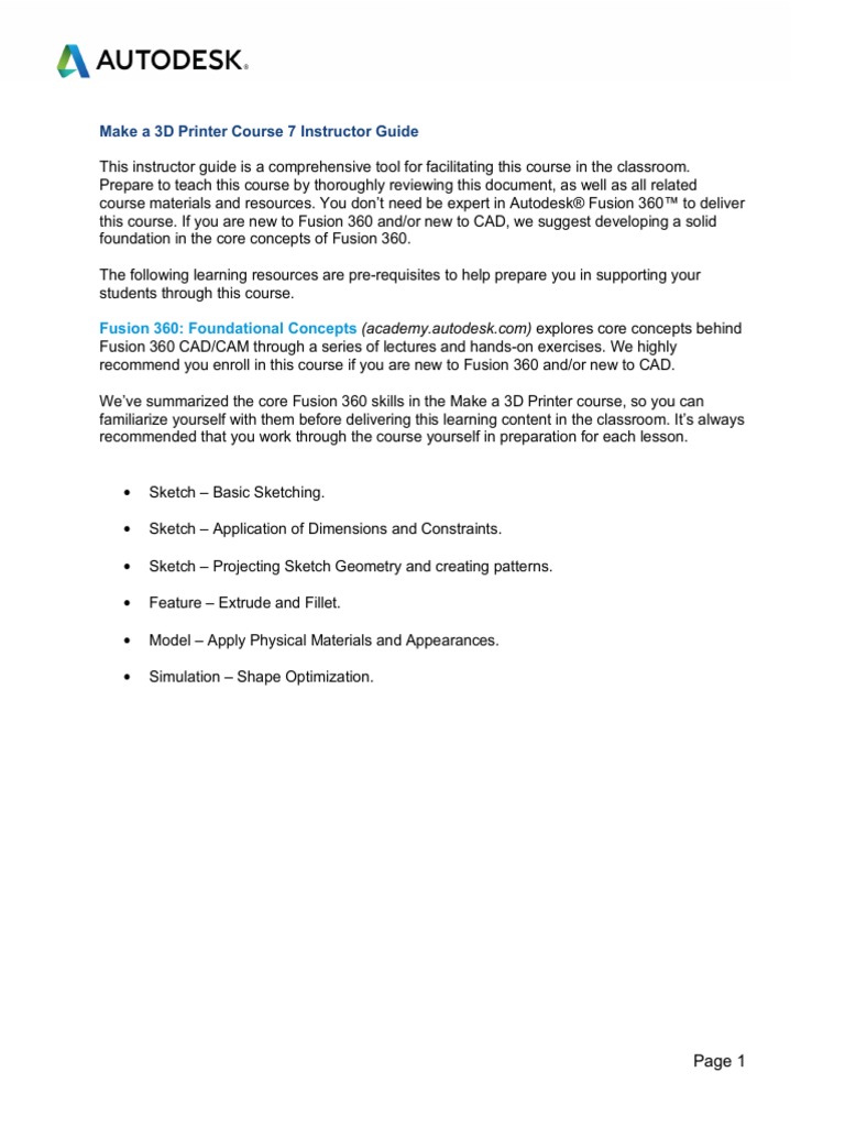 Make A 3D Printer Course 7 Instructor Guide: Fusion 360: Foundational ...