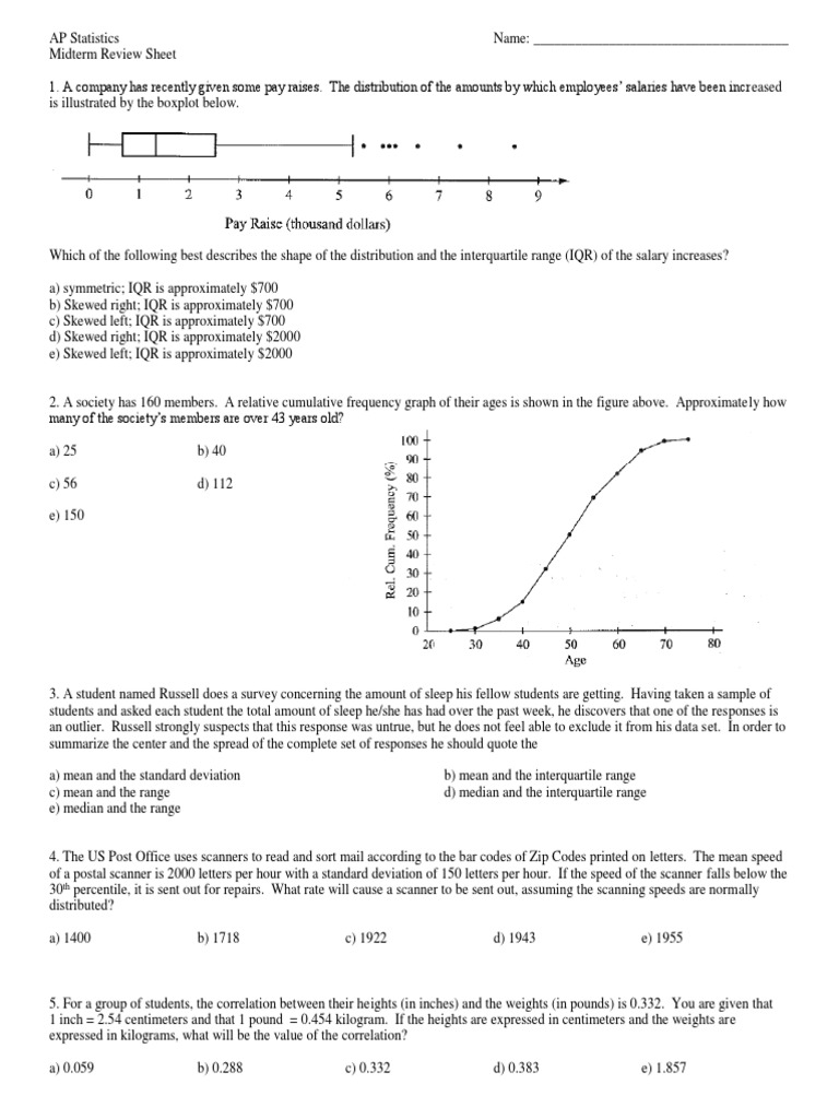 AP STAT Midterm Review | PDF | Mean | Variance