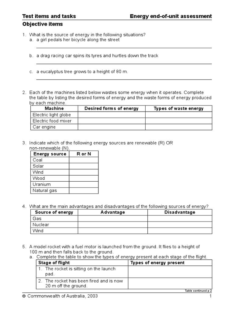 Test Items and Tasks Energy End-Of-Unit Assessment Objective Items ...