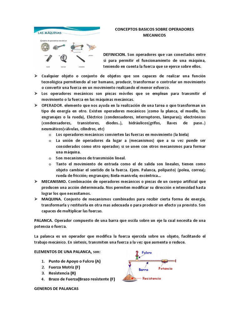 Conceptos Basicos Sobre Operadores Mecanicos | PDF | Engranaje | Palanca