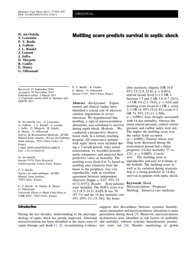 Mottling Score Predicts Survival in Septic Shock: Original | PDF ...