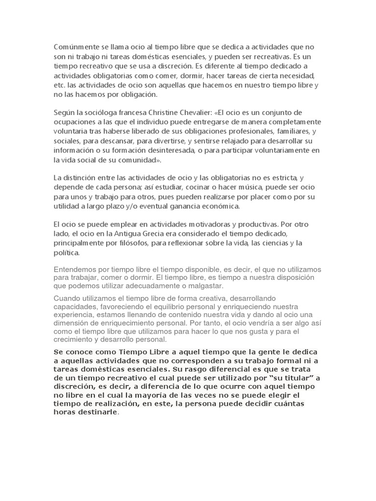 Comúnmente Se Llama Ocio Al Tiempo Libre Que Se Dedica A Actividades ...