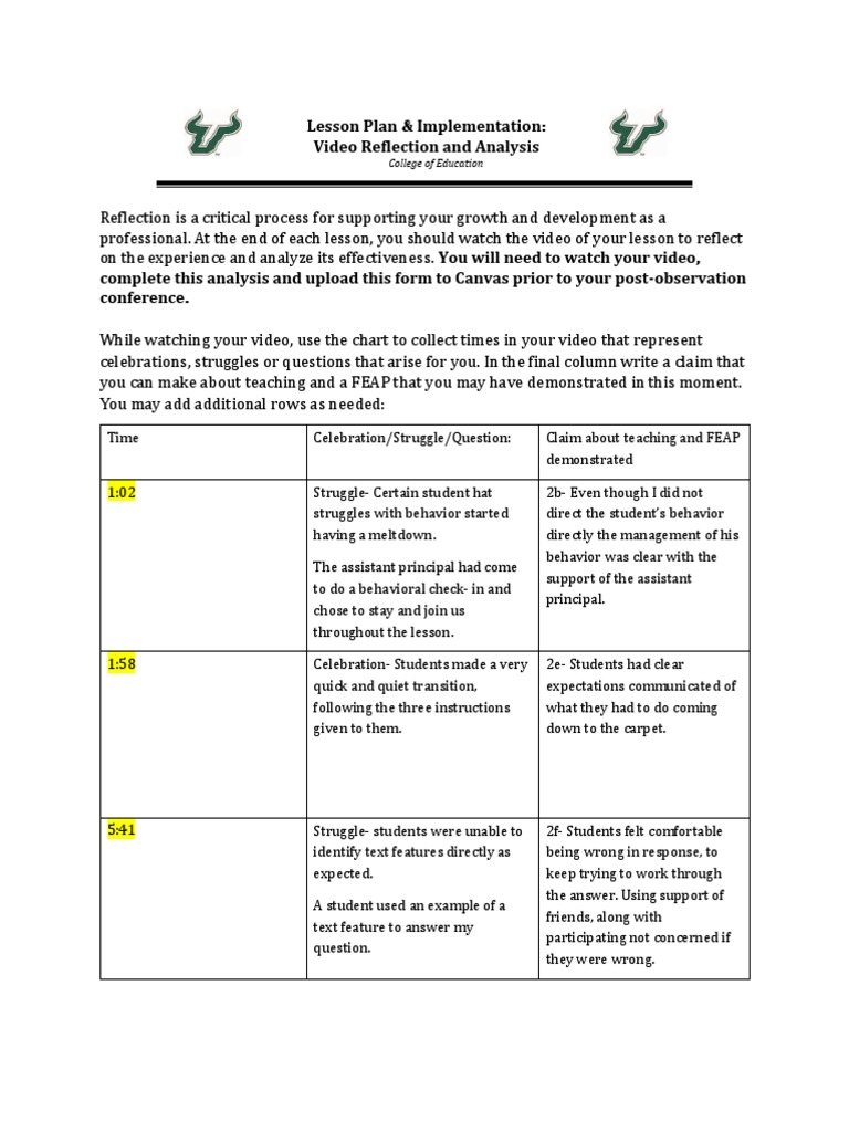 Lesson Plan & Implementation: Video Reflection and Analysis: College of Education | PDF ...