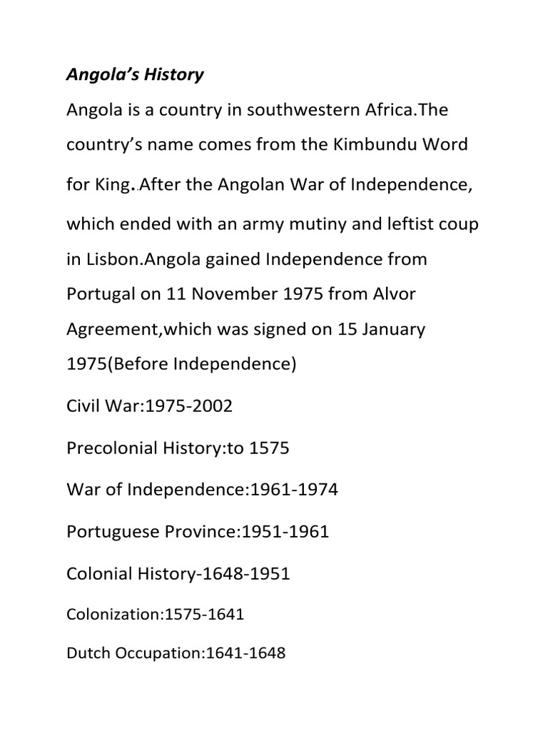 Angola's History: Colonization:1575-1641 Dutch Occupation:1641-1648 | PDF