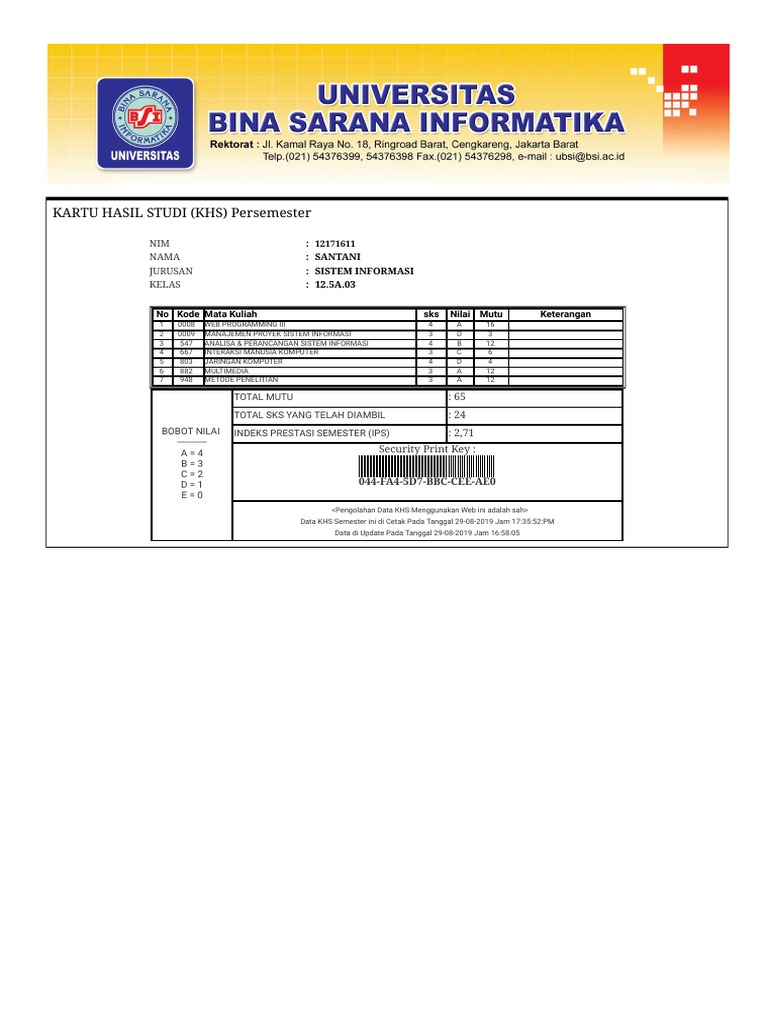 Contoh Kartu Khs Bsi | PDF