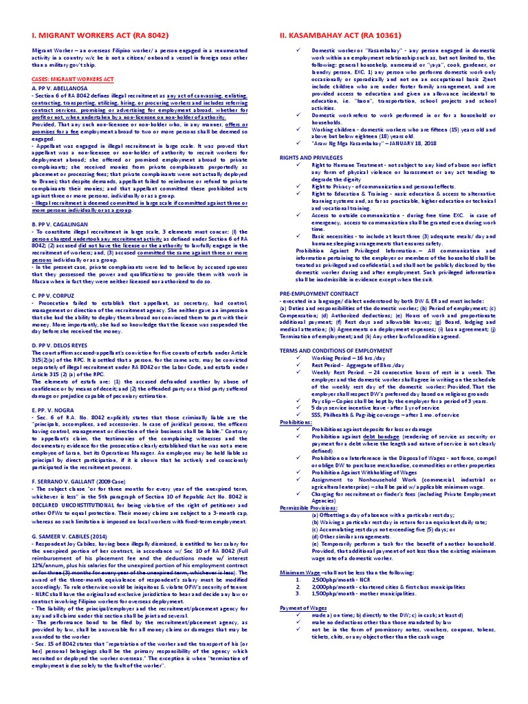 I. Migrant Workers Act (Ra 8042) Ii. Kasambahay Act (Ra 10361) | PDF ...