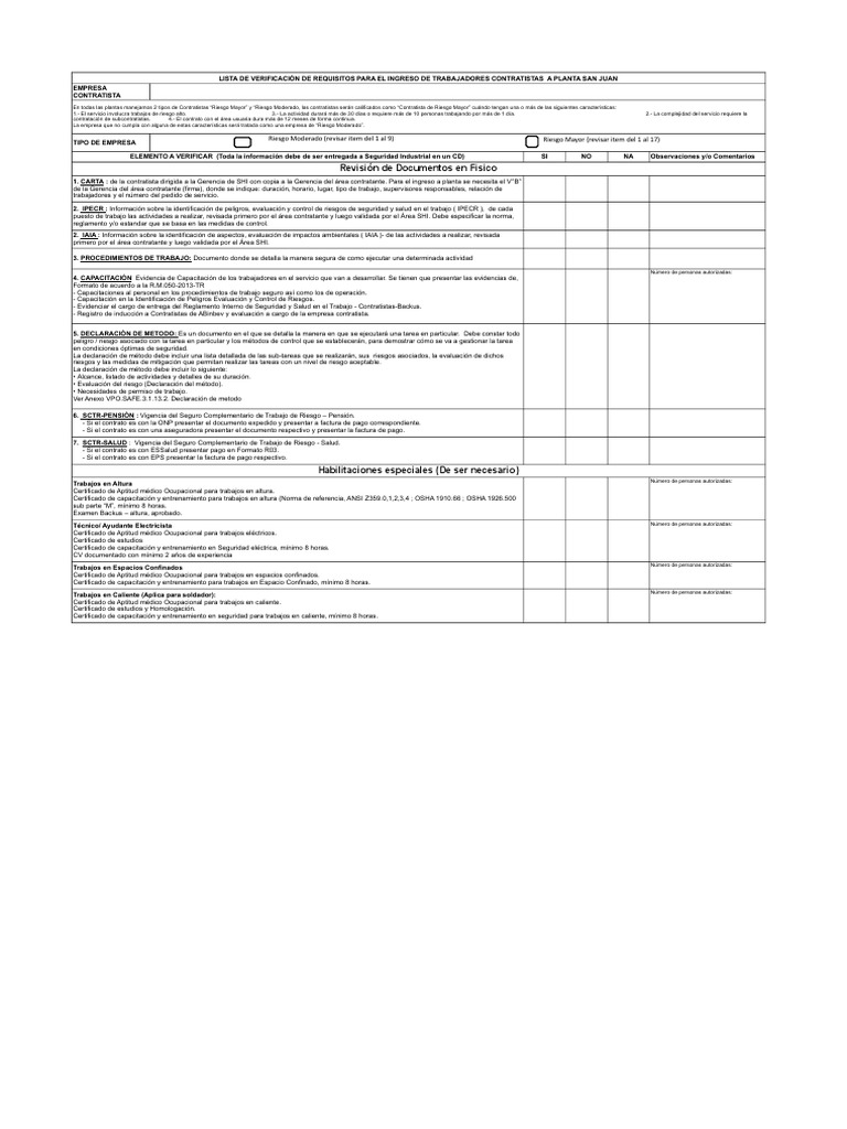 Check List Requisitos de Ingreso Contratistas - CSJ - Último | PDF | Administración de Seguridad ...