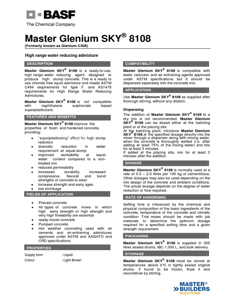 Master Glenium SKY 8108: High Range Water Reducing Admixture | PDF ...