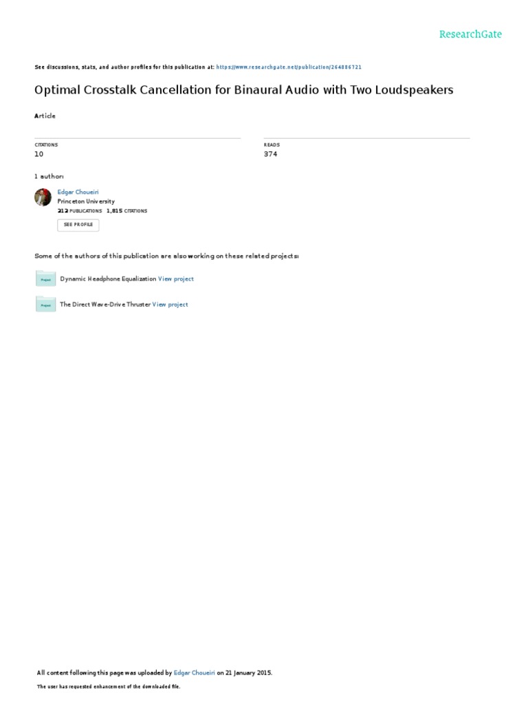 Optimal Crosstalk Cancellation For Binaural Audio | PDF | Loudspeaker | Physical Phenomena