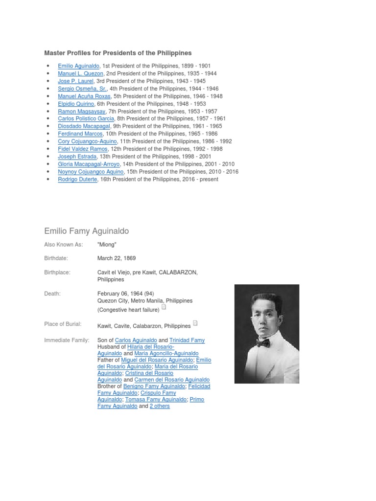 Master Profiles For Presidents of The Philippines | PDF | President Of ...