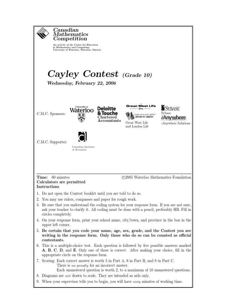Cayley Contest: Canadian Mathematics Competition | PDF | Multiple ...