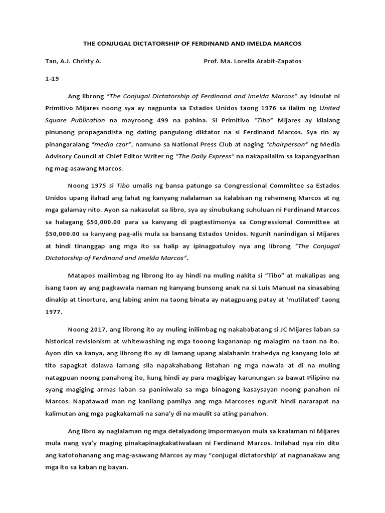 The Conjugal Dictatorship of Ferdinand and Imelda Marcos | PDF