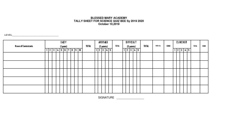 Easy Average Difficult Clincher: Blessed Mary Academy Tally Sheet For ...