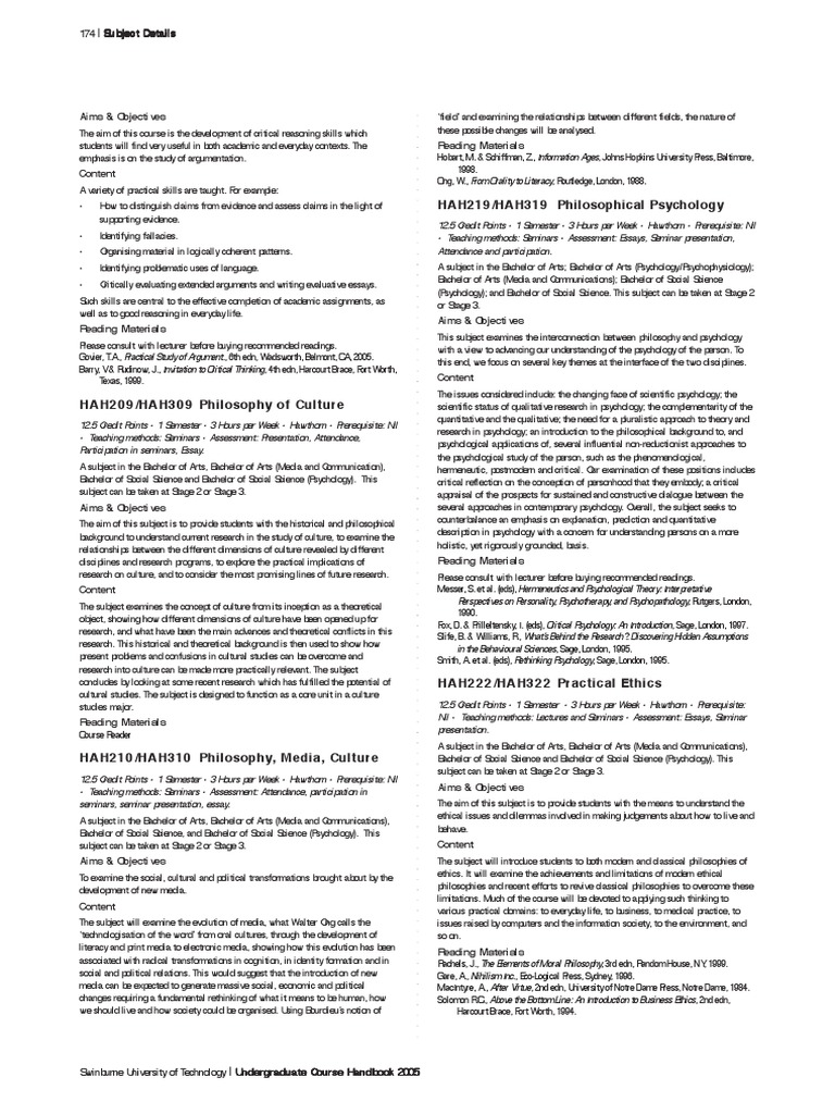 HAH219/HAH319 Philosophical Psychology: Aims & Objectives Reading ...