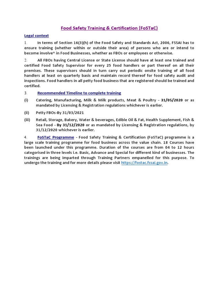 Food Safety Training & Certification (Fostac) : Legal Context | PDF