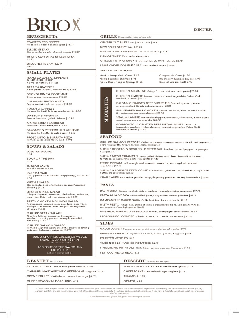 Brio SP Dinner Menu B v06 NO CAL | PDF | Salad | Pesto